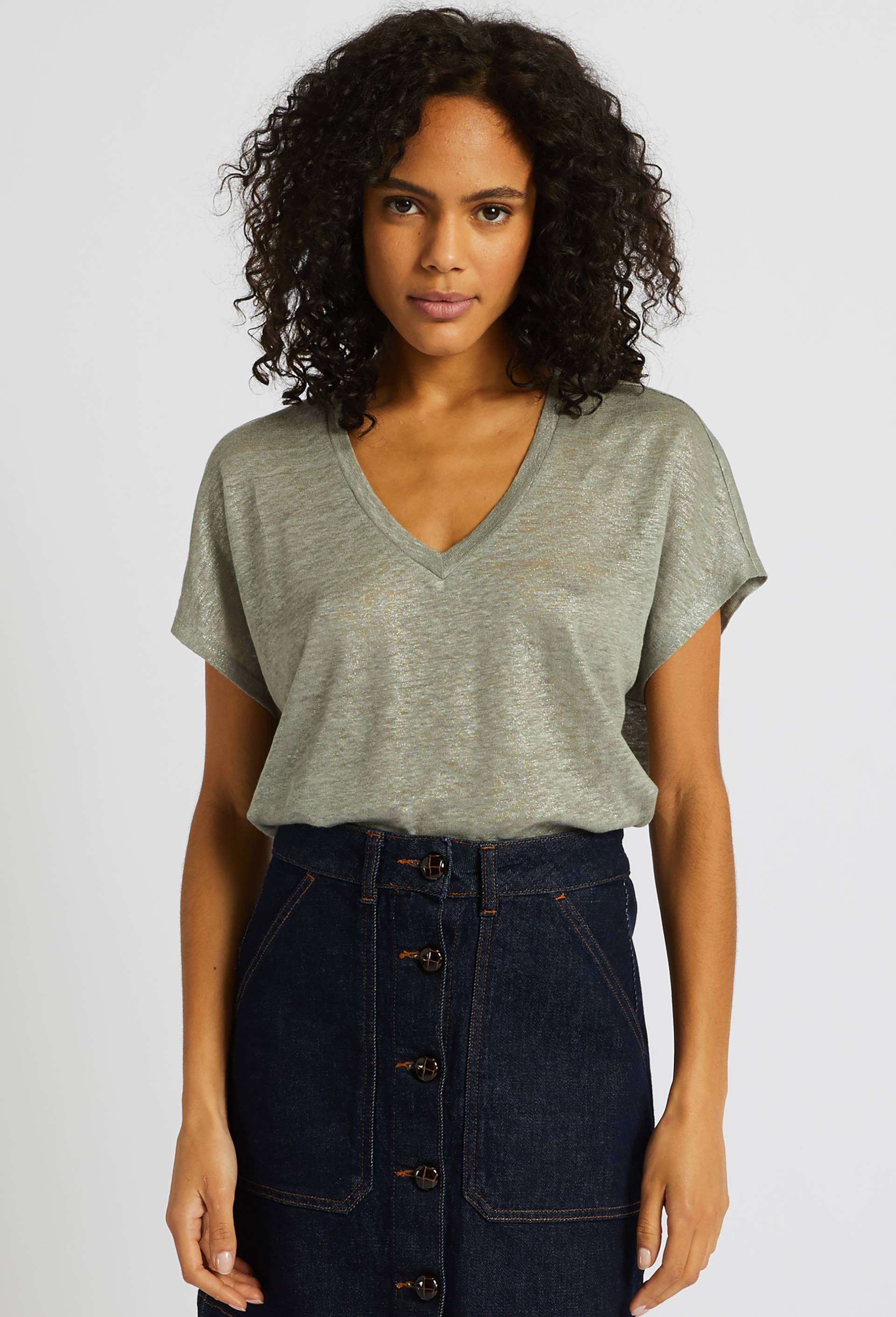 T-shirt col V irisé en lin GRIS pour femme MONOPRIX