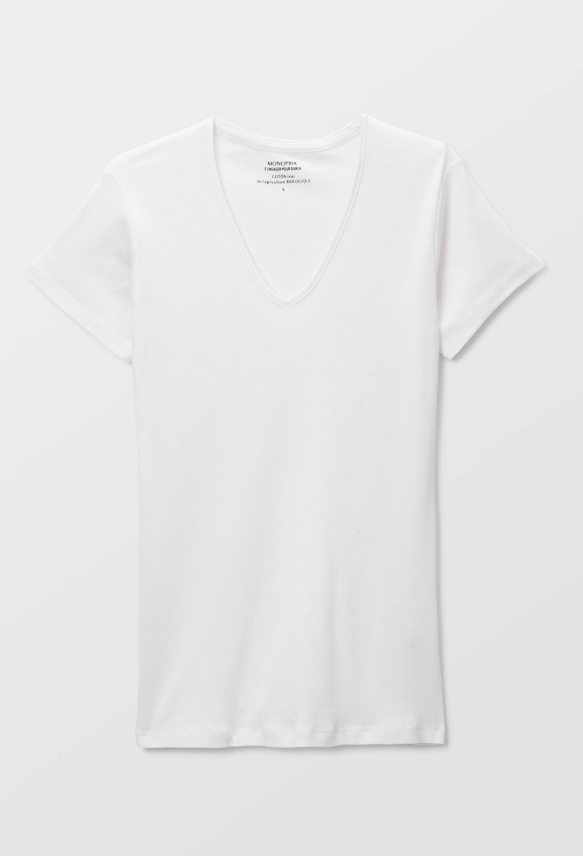 T-shirt col V uni en coton BIO GOTS BLANC pour femme MONOPRIX