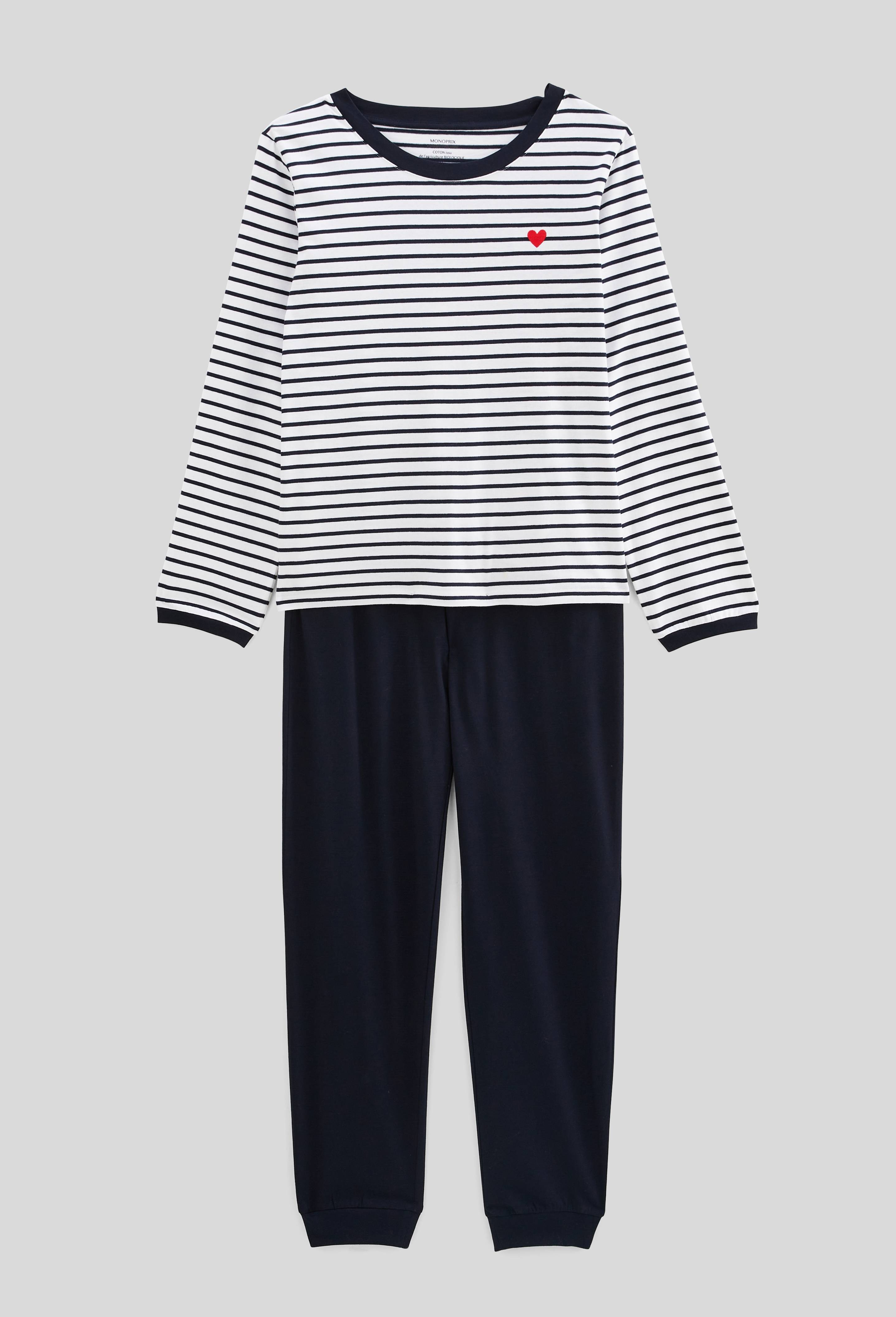 Pyjama haut marinière et pantalon uni en coton BIO BLEU FONCE pour ...