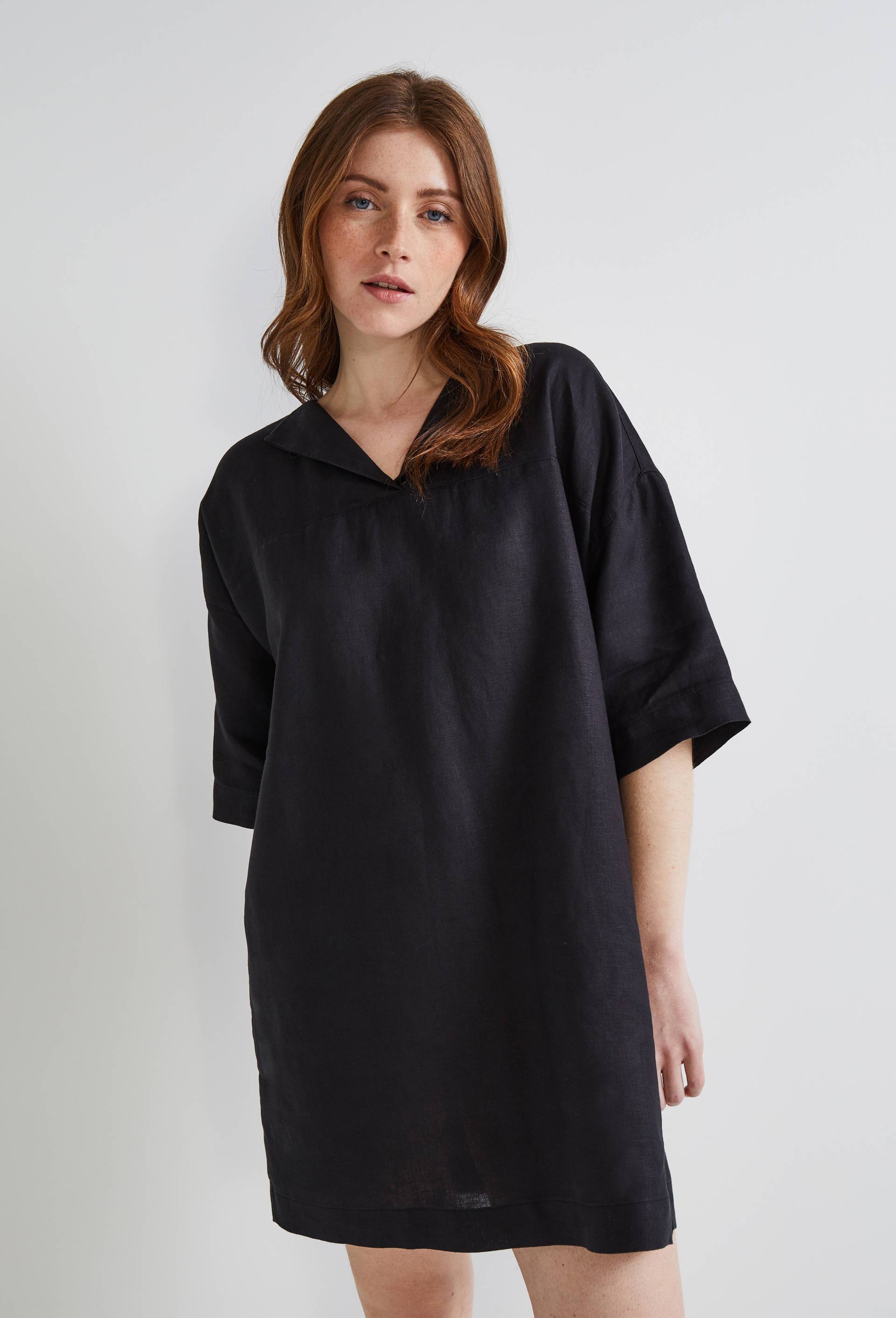 Robe courte col V unie en lin NOIR pour femme MONOPRIX PREMIUM