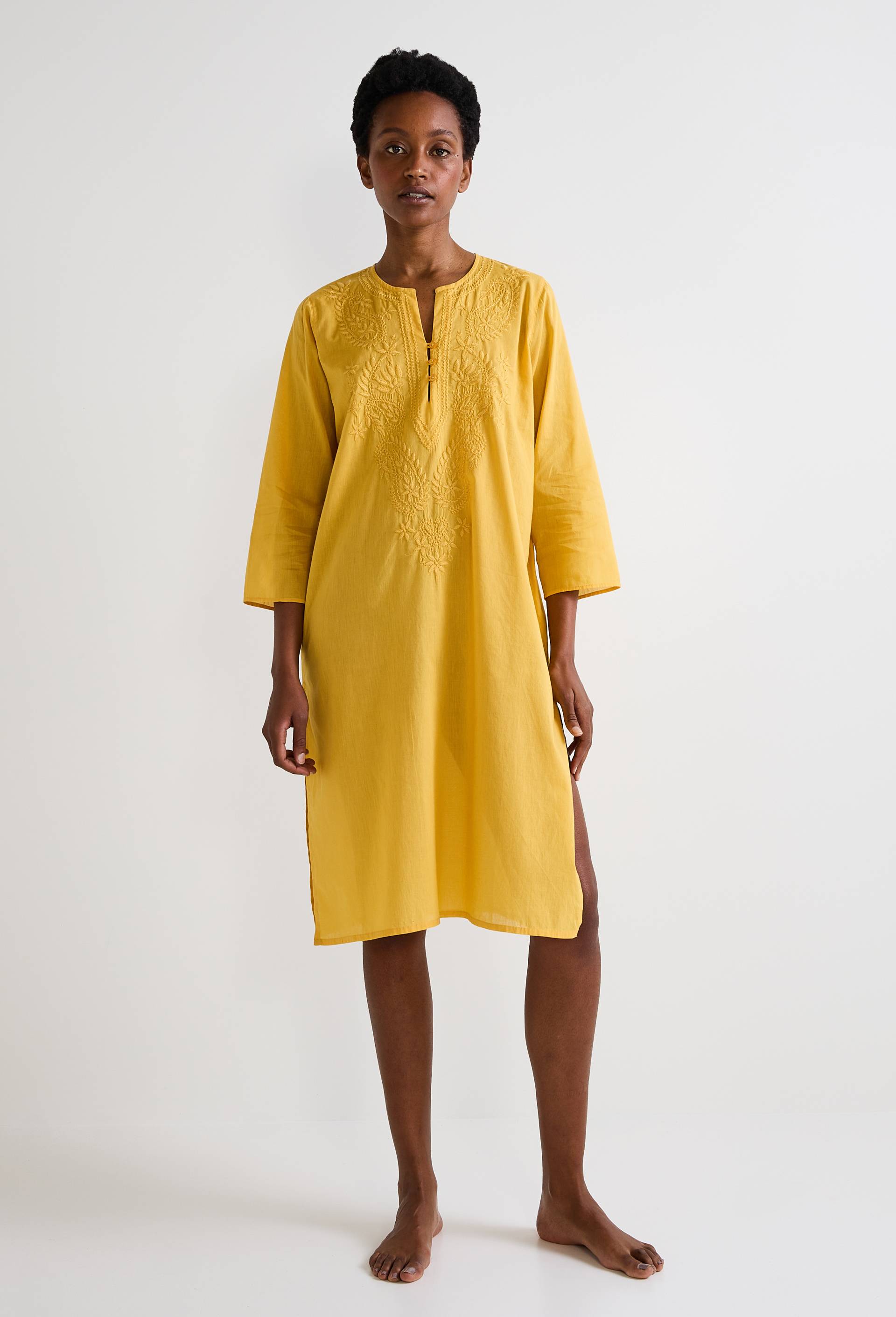 Tunique courte brodée en coton BIO JAUNE pour femme MONOPRIX