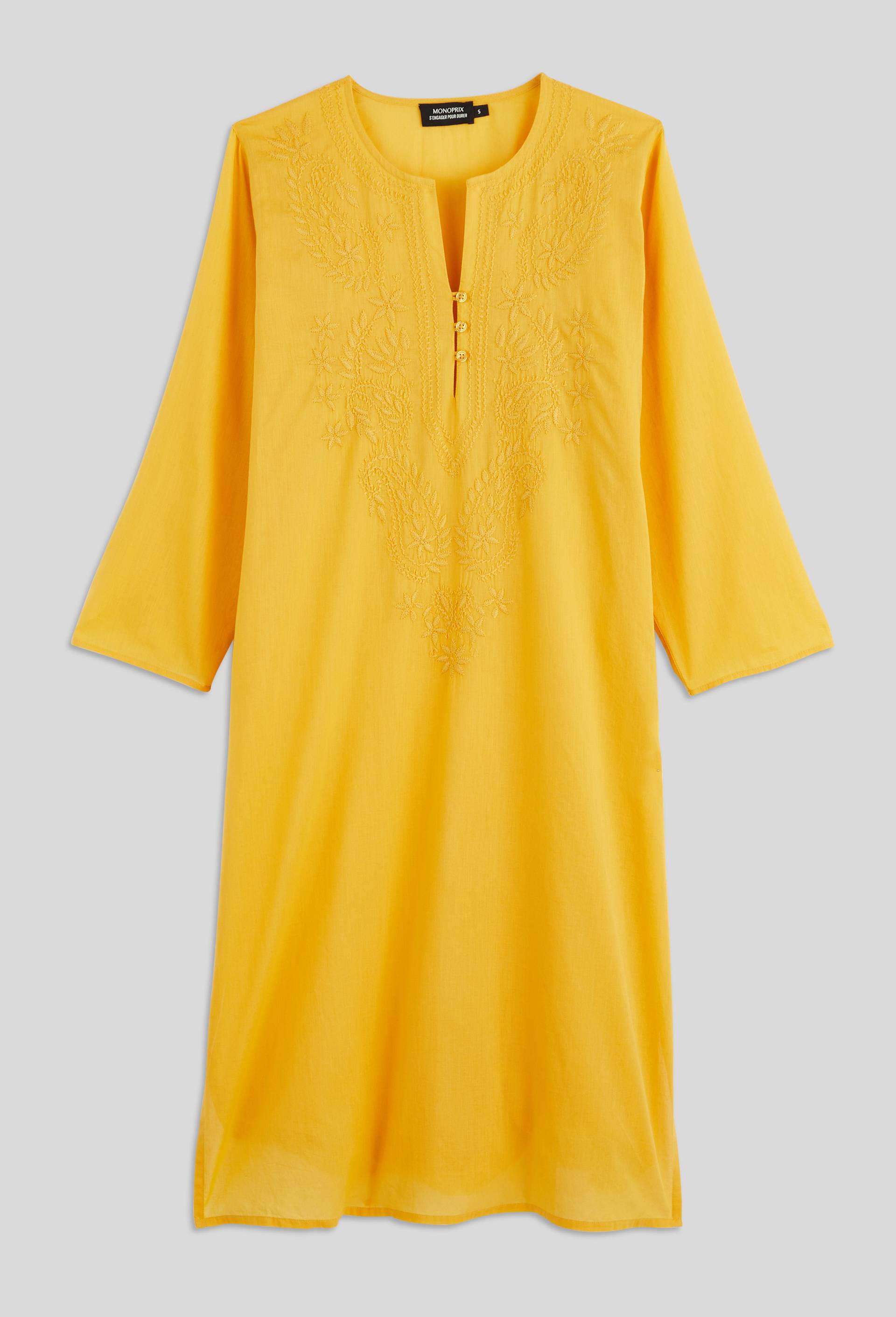 Tunique courte brodée en coton BIO JAUNE pour femme MONOPRIX