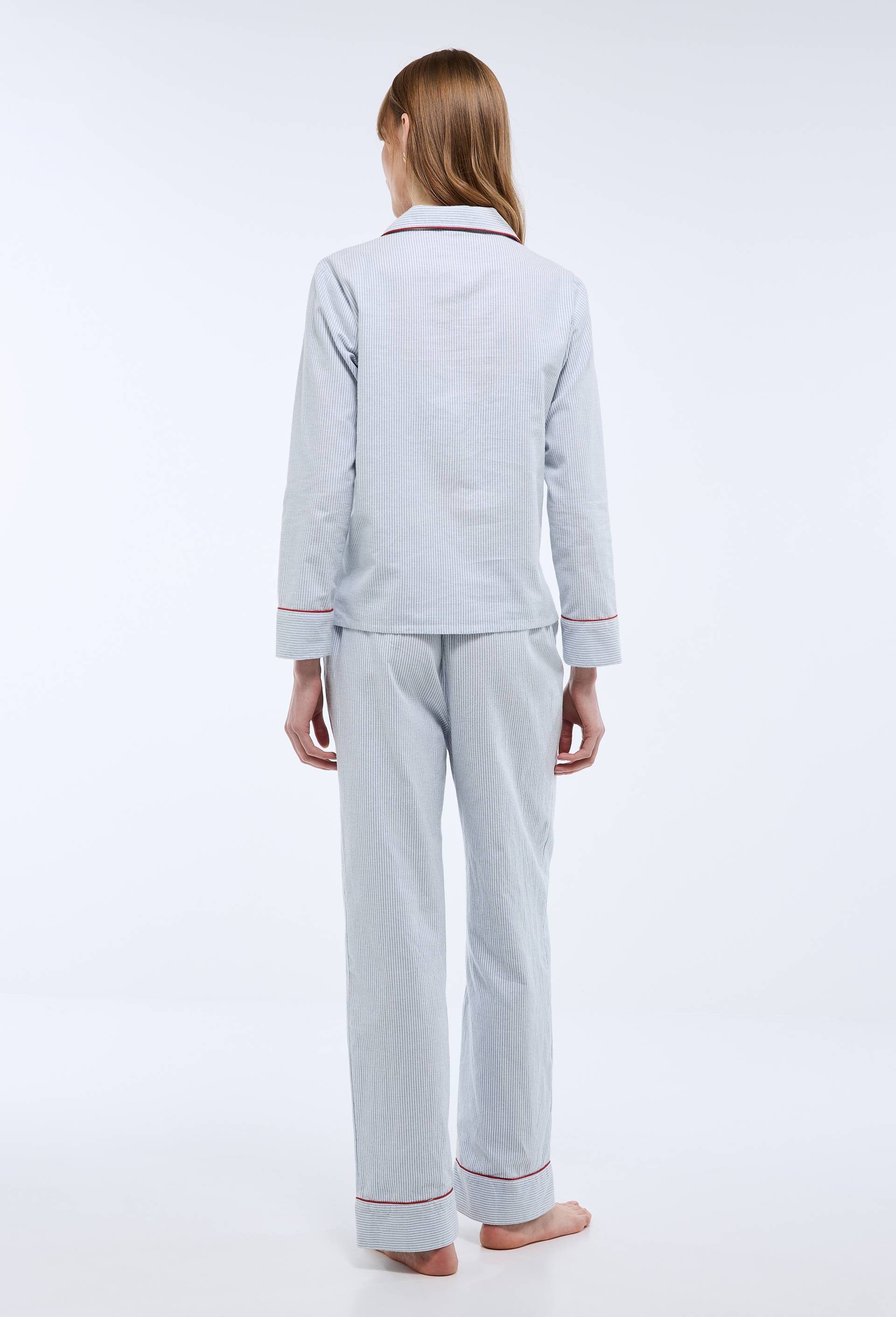 Pyjama rayé en flanelle de coton BIO et broderie coeur BLEU pour femme ...