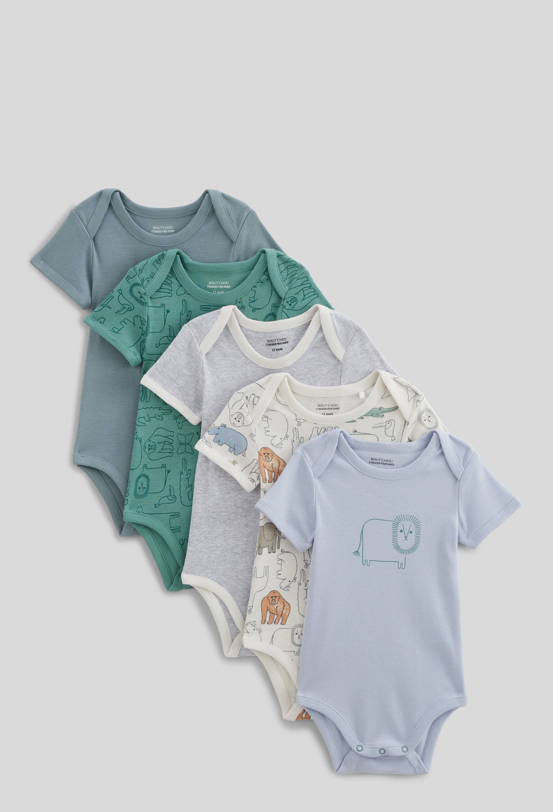 Lot de 5 bodies manches courtes imprimé en coton BIO GOTS BEIGE CLAIR ...