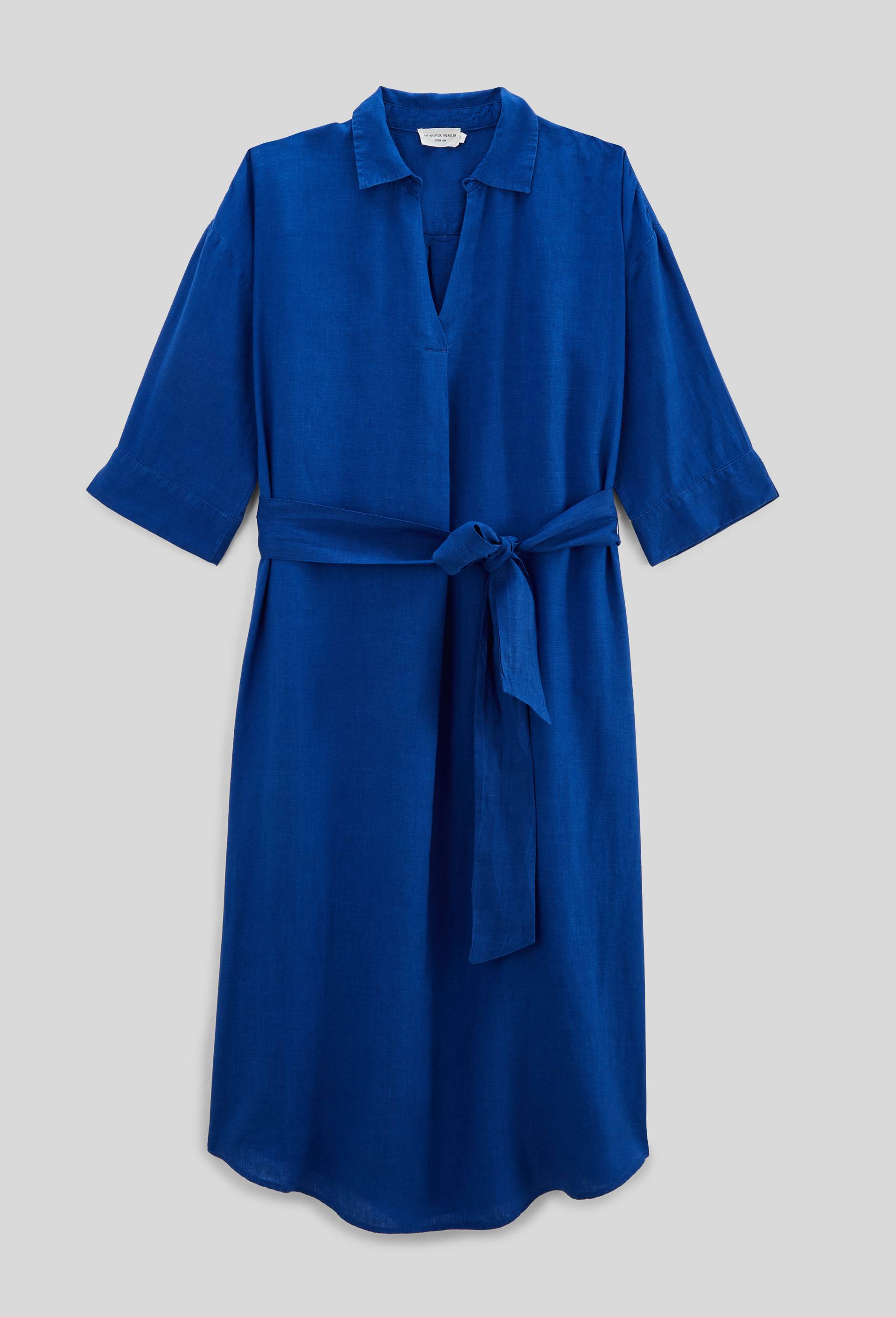 Robe midi unie en lin BLEU pour femme MONOPRIX PREMIUM