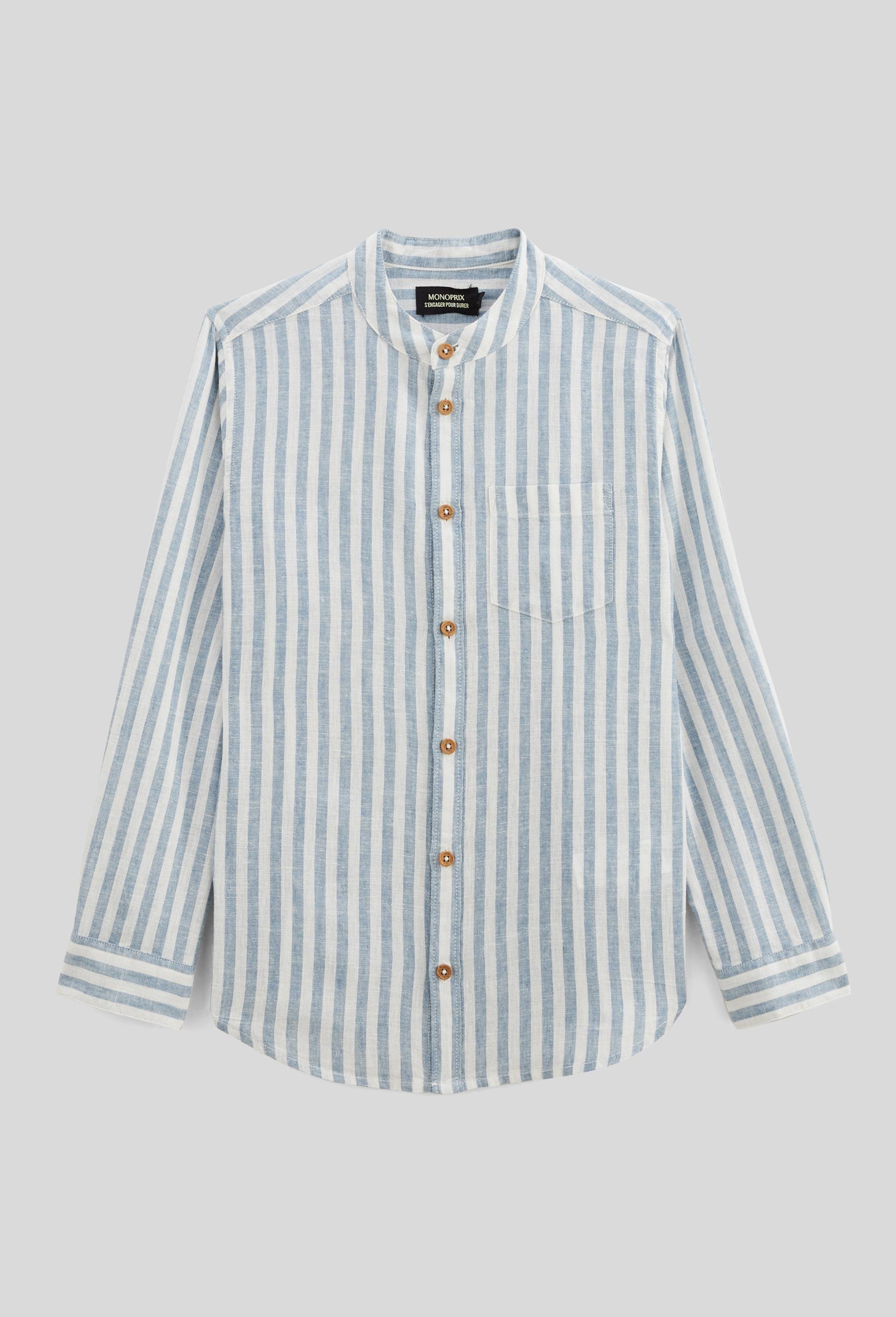 Chemise col mao rayée en coton et lin BLEU pour enfant MONOPRIX