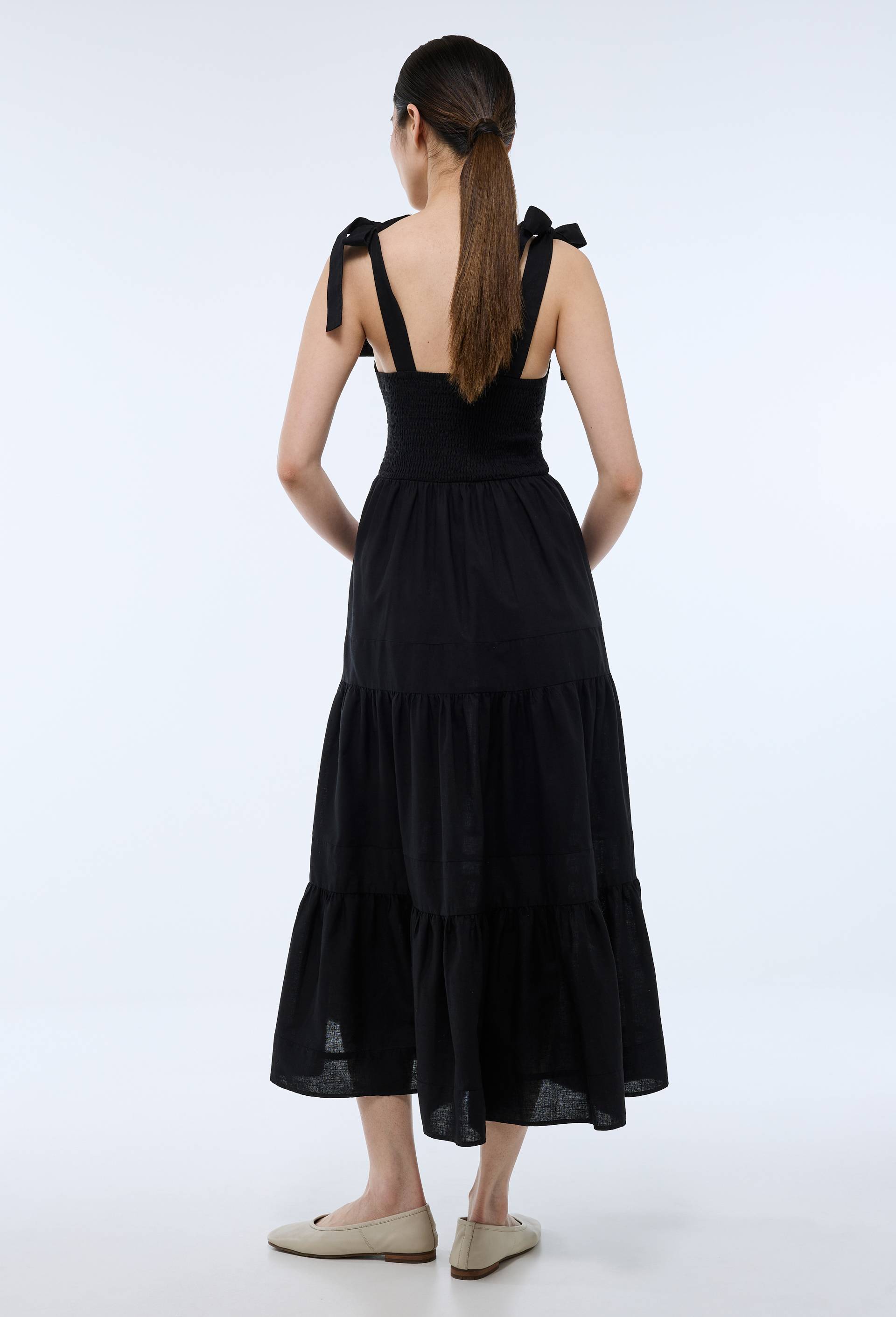 Robe longue smockée contenant du lin NOIR pour femme MONOPRIX PREMIUM