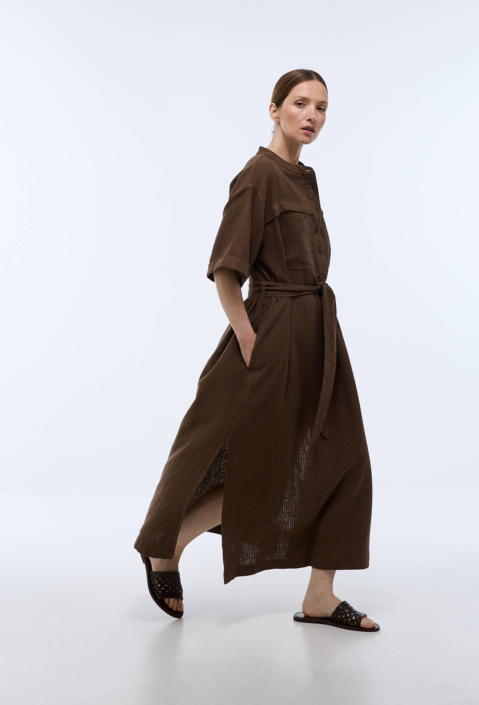 Robe midi rayée contenant du lin BRUN FONCE pour femme MONOPRIX