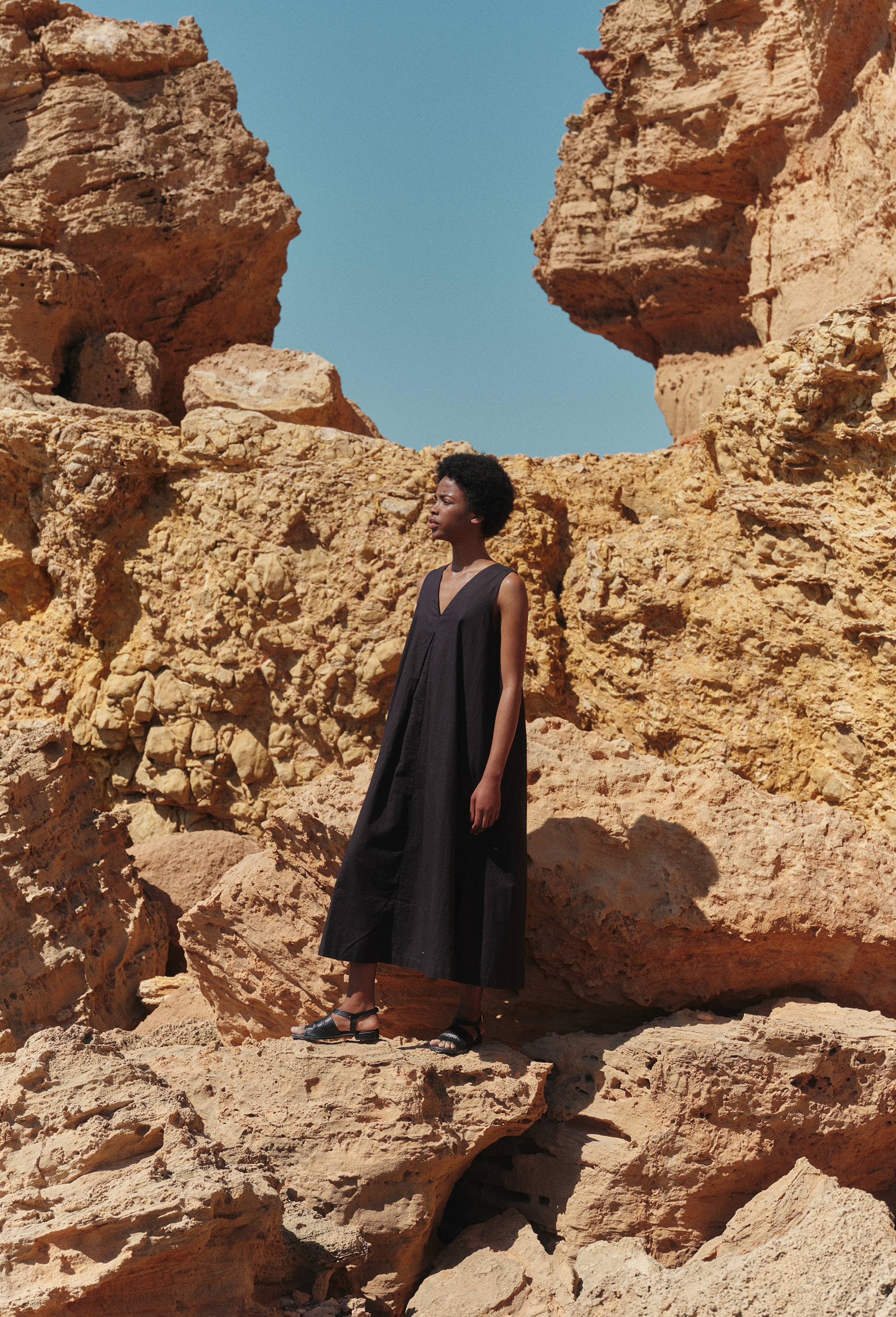 Robe longue unie contenant du lin NOIR pour femme MONOPRIX