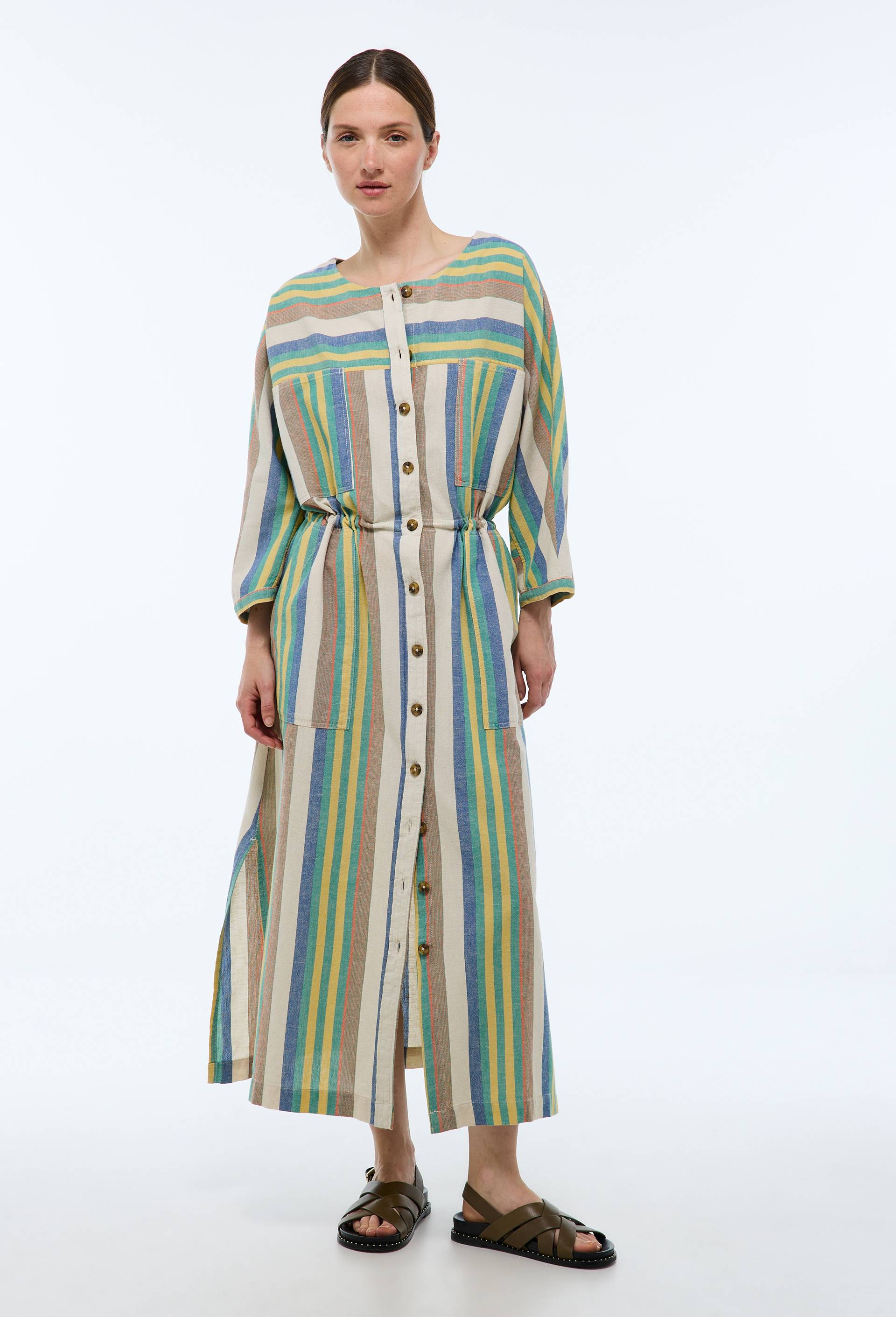 Robe longue rayée contenant du lin VERT pour femme MONOPRIX