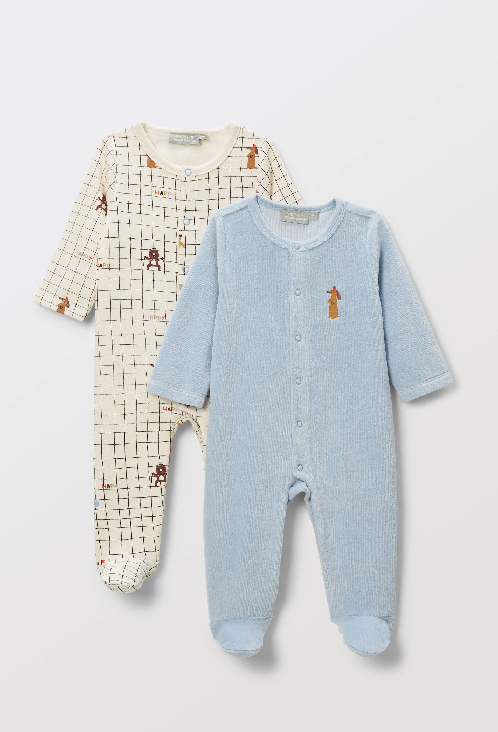Lot de 2 dors-bien en velours et en molleton en coton BIO BLEU pour bébé BOUT'CHOU